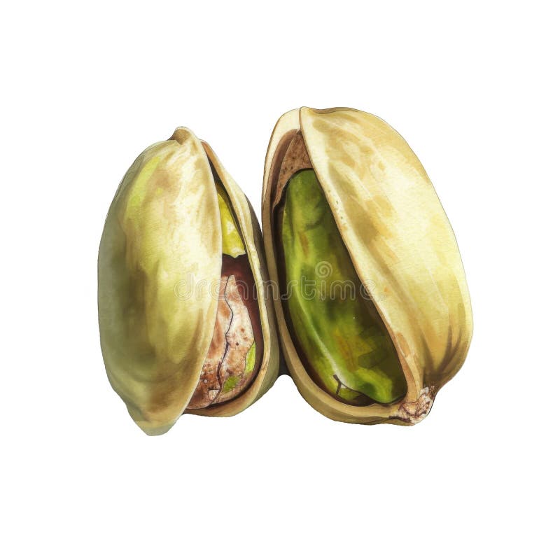 Two Pistachio Nuts in Their Shells, One Open, Watercolor Style Stock ...