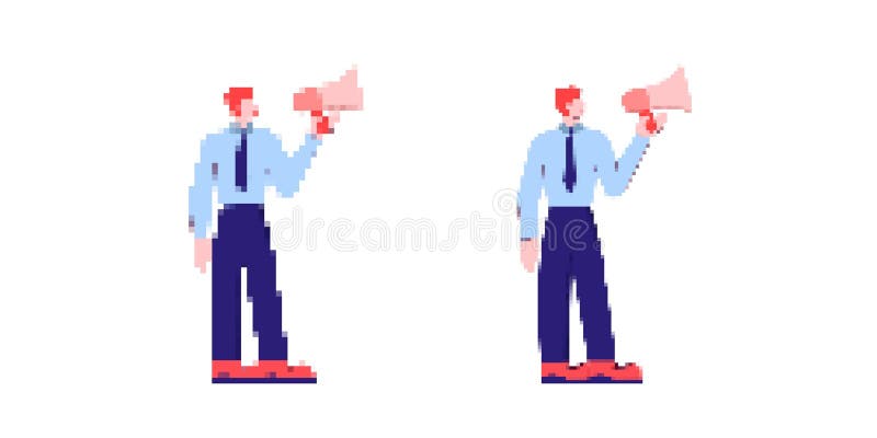 Two Pixel Art Figures Holding Megaphones Facing Forward in Simplistic ...