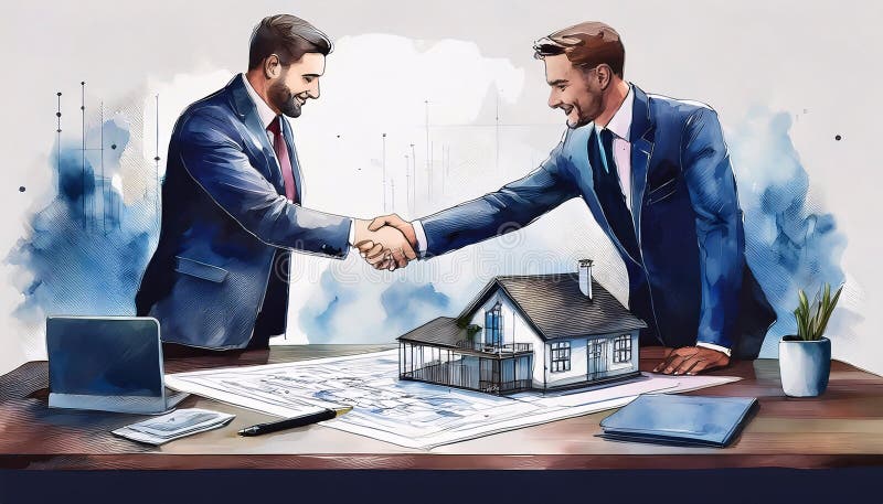 Two Pixelated-faced Businessmen Shaking Hands Over House Blueprints ...