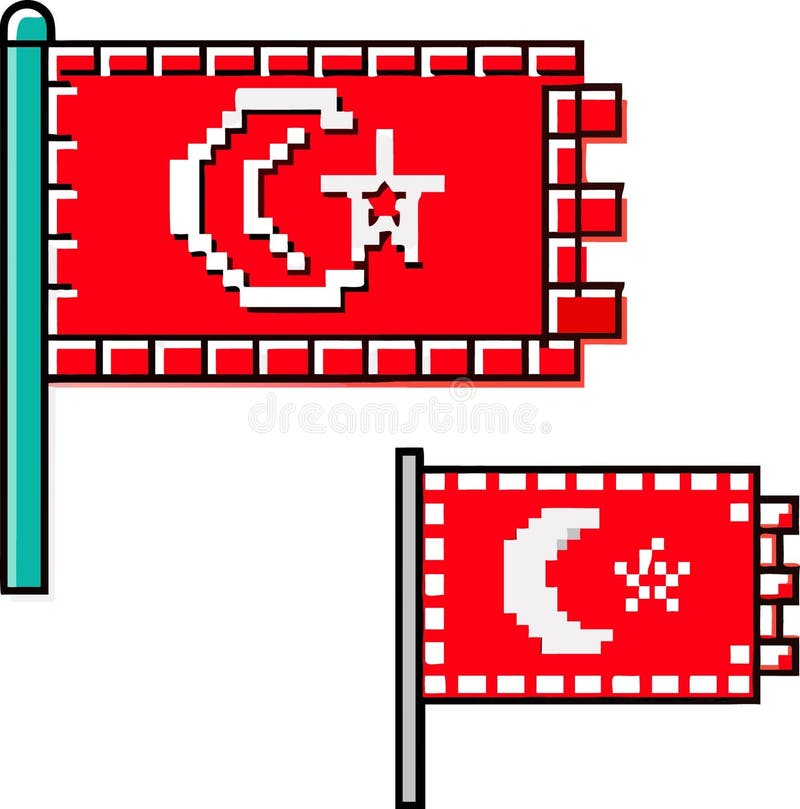Two Pixelated Turkish Flags on Colored Poles with Crescent and Star ...