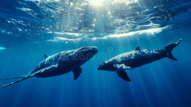 Two Pixelated Whales Swimming Underwater in Sunlight Stock Illustration ...