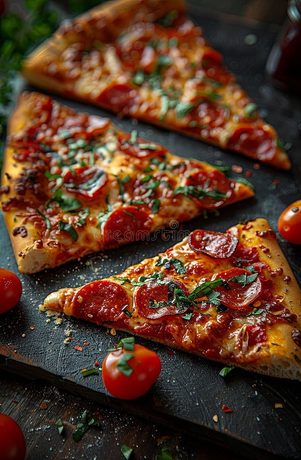 Two Pizza Slices on a Black Mat, in the Style of Tabletop Photography ...