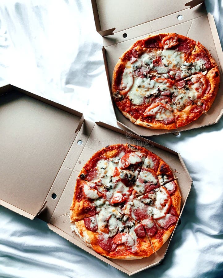Two Pizzas in Cartoon Boxes Stock Image - Image of mediterranean ...