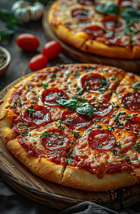 Two Pizzas with Meat and Peppers on Board, in the Style of Dark Gray ...