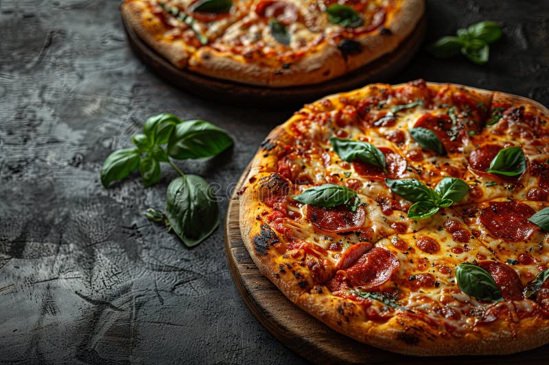 Two Pizzas with Meat and Peppers on Board, in the Style of Dark Gray ...
