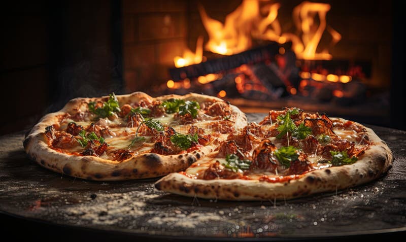Two Pizzas on Pan by Fire stock photo. Image of dough - 314245502