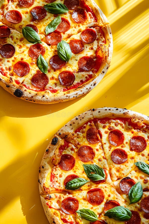 Two Pizzas with Pepperoni and Basil on Top. Generative AI Stock Image ...