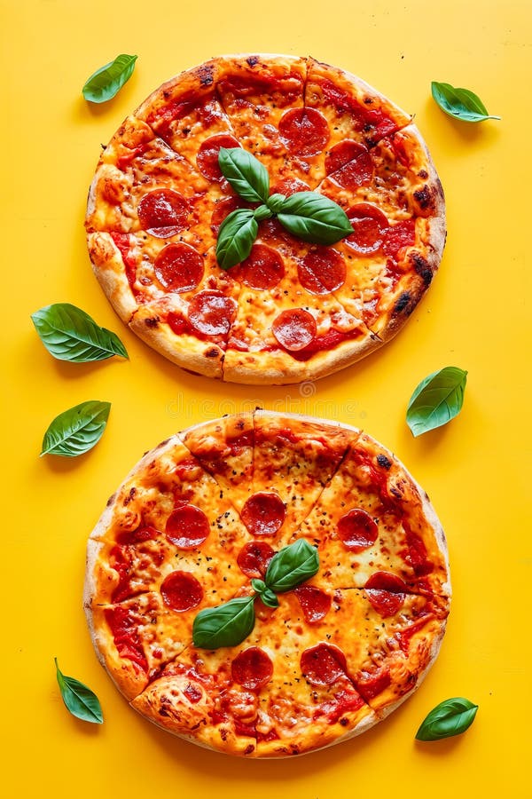 Two Pizzas with Pepperoni and Basil on Top of a Yellow Background ...