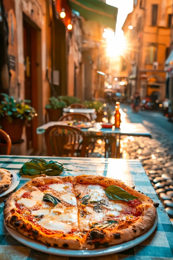 Two Pizzas Sit on Table in Italian Street. Generative AI Stock Photo ...