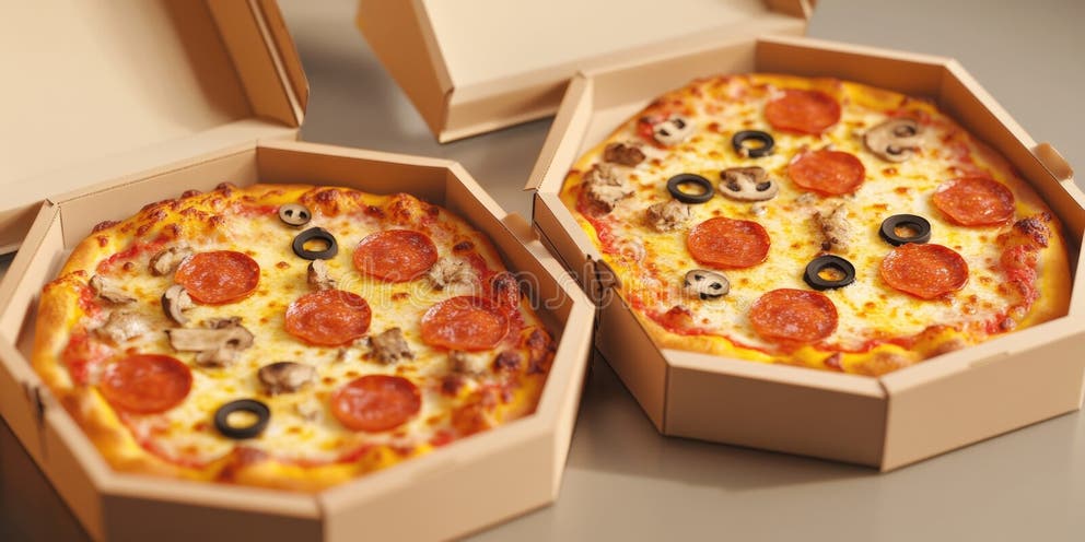 Two Pizzas Sitting in Boxes on a Table Stock Image - Image of life ...