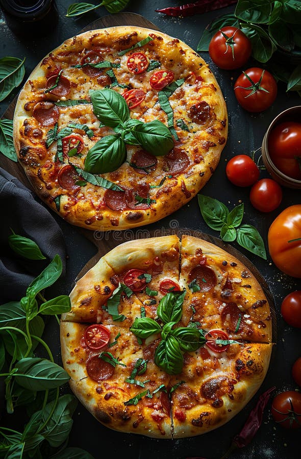 Two Pizzas Sitting on a Table Near Fresh Herbs. Generative AI Stock ...