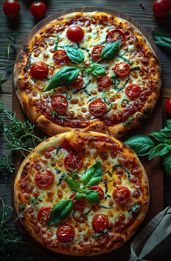 Two Pizzas Sitting on a Table Near Fresh Herbs. Generative AI Stock ...