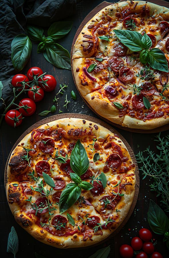 Two Pizzas Sitting on a Table Near Fresh Herbs. Generative AI Stock ...