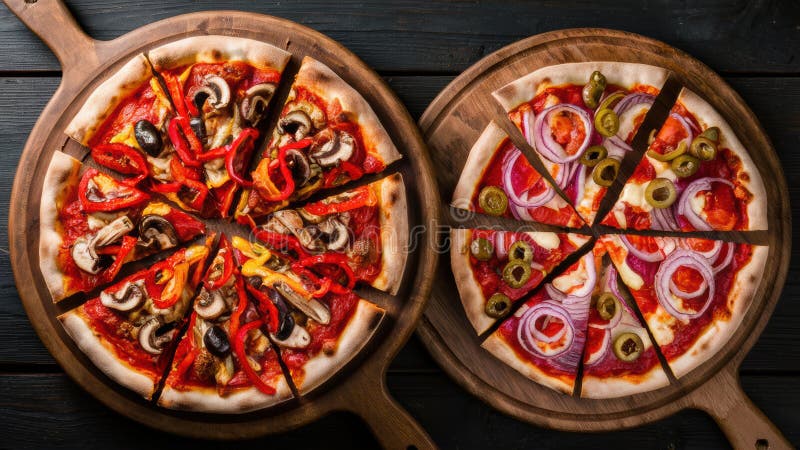 Two Pizzas on Wooden Boards with Different Toppings and Vegetables, AI ...