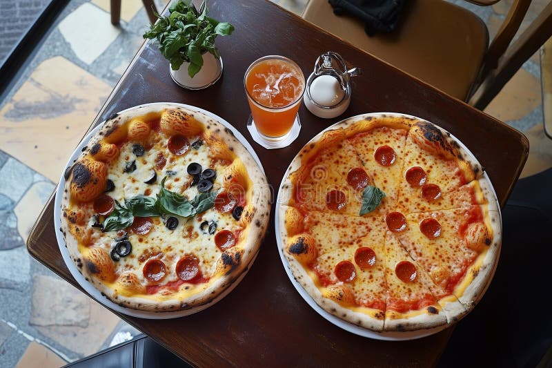 Two Pizzas on a Wooden Table in a Cafe Top View Ai Photo Stock ...