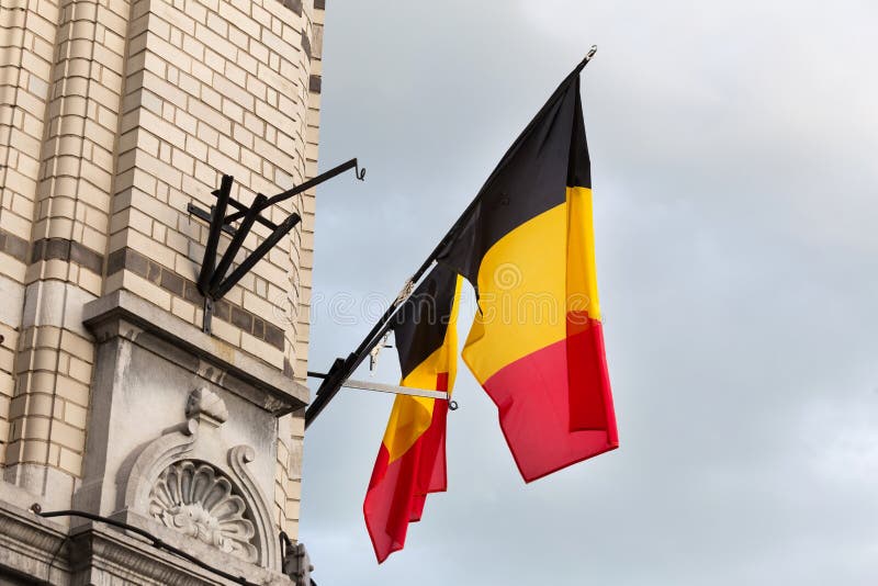 Belgian Flags, Flemish Architecture in Bruges Market Square Stock Image ...