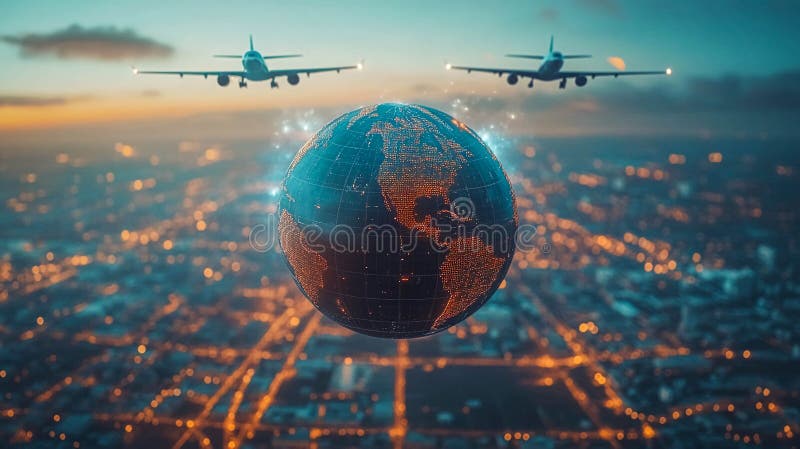 Two Planes Hover Over a Glowing City, and in the Center is a Digital ...