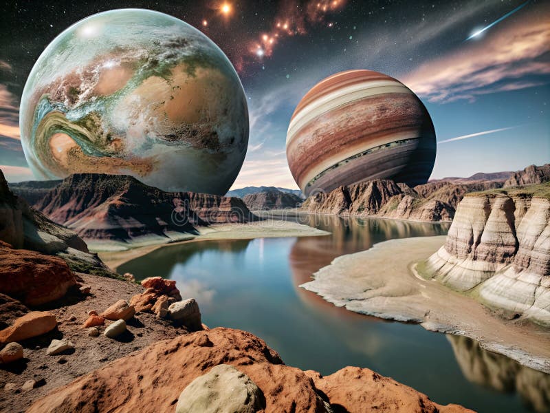 Two Planets are Closely Situated on a Water Surface Stock Illustration ...