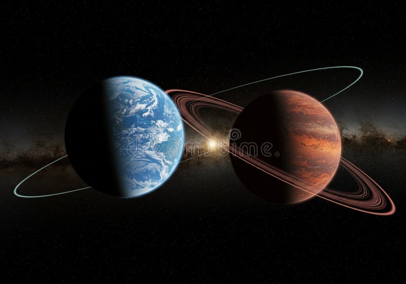 Two Planets are Depicted Side by Side in Space. the Left Planet ...