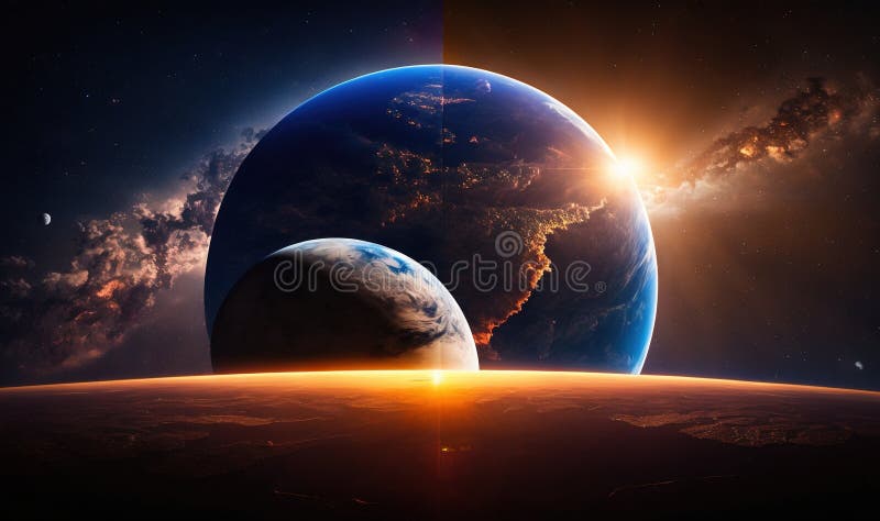 Two Planets in the Distance with a Bright Sun in the Background Stock ...