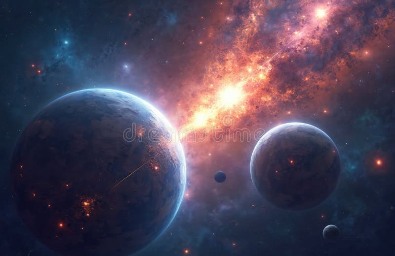 Two Planets Face Cosmic Explosion. Bright Stars Explode with Nebulae ...