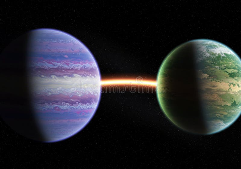 Two Planets Float in Space, Connected by a Glowing Orange Beam. the ...