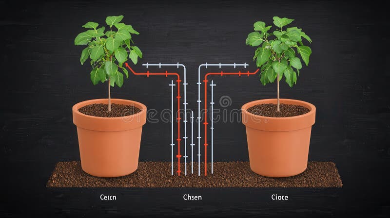 Two Plant Pots with Watering System Flow Diagram Illustrating Different ...
