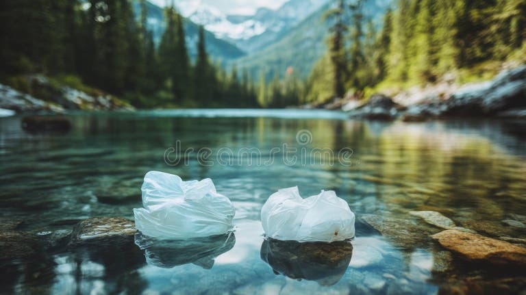 Two Plastic Bags Floating in a Clear Mountain River Stock Image - Image ...