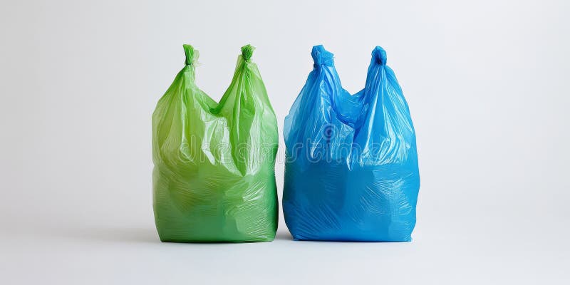 Two Plastic Bags, One Blue and One Green, Standing Side by Side Against ...