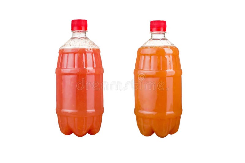 Two Plastic Bottles with Colorful Natural Juices. Isolated Stock Image ...
