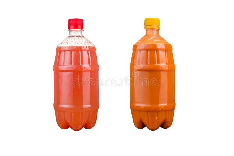 Two Plastic Bottles with Colorful Natural Juices. Isolated Stock Photo ...