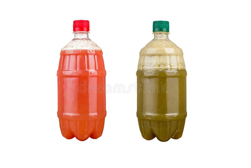 Two Plastic Bottles with Colorful Natural Juices. Isolated Stock Photo ...