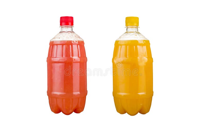 Two Plastic Bottles with Colorful Natural Juices. Isolated Stock Image ...