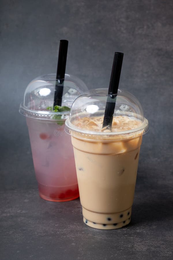 Two Plastic Glasses with Bubble Tea on Dark Background. Trendy Summer ...