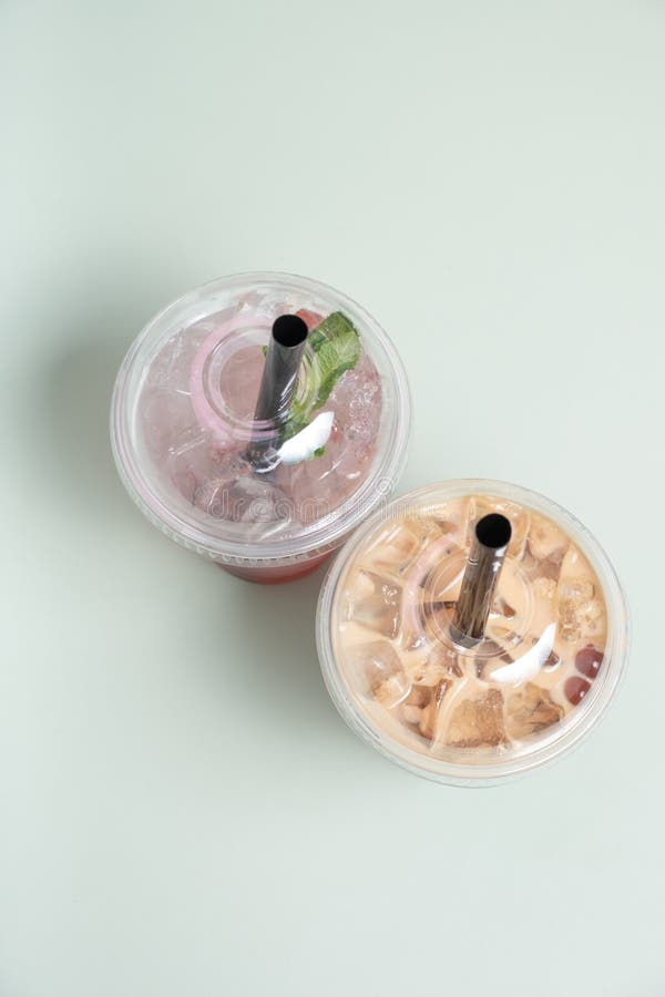 Two Plastic Glasses with Iced Bubble Tea Top View. Trendy Summer Drink ...