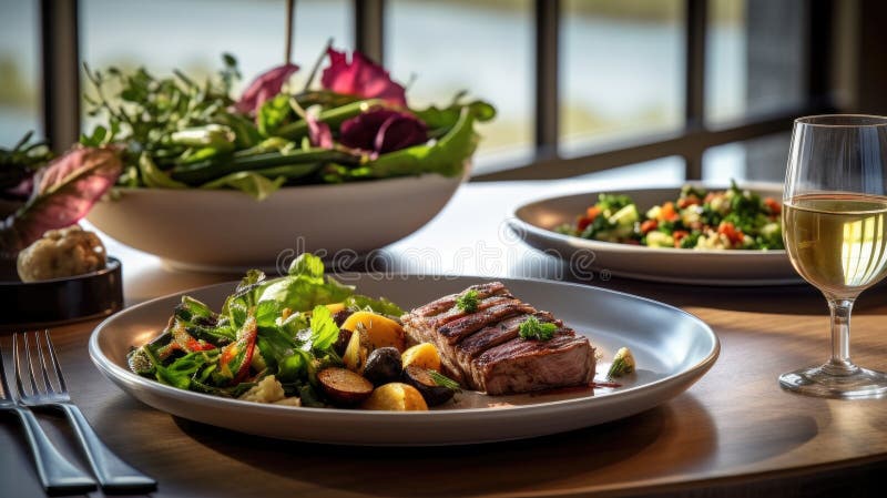 Two Plates of Food Sit on a Table Next To a Glass of Wine Stock ...