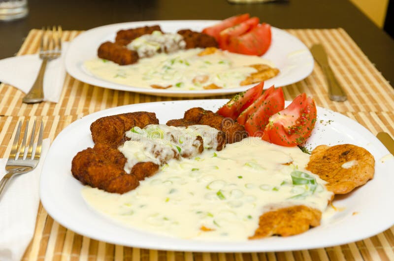 Two plates of main course stock image. Image of braised - 34344557