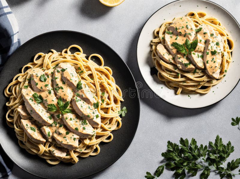 Two Plates of Pasta with Chicken and Vegetables. Stock Photo - Image of ...