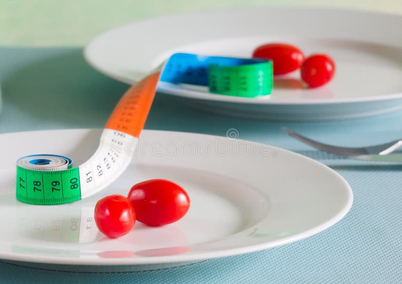 Two Plates with Small Tomatoes and a Measuring Tape, Dieting,reducing ...