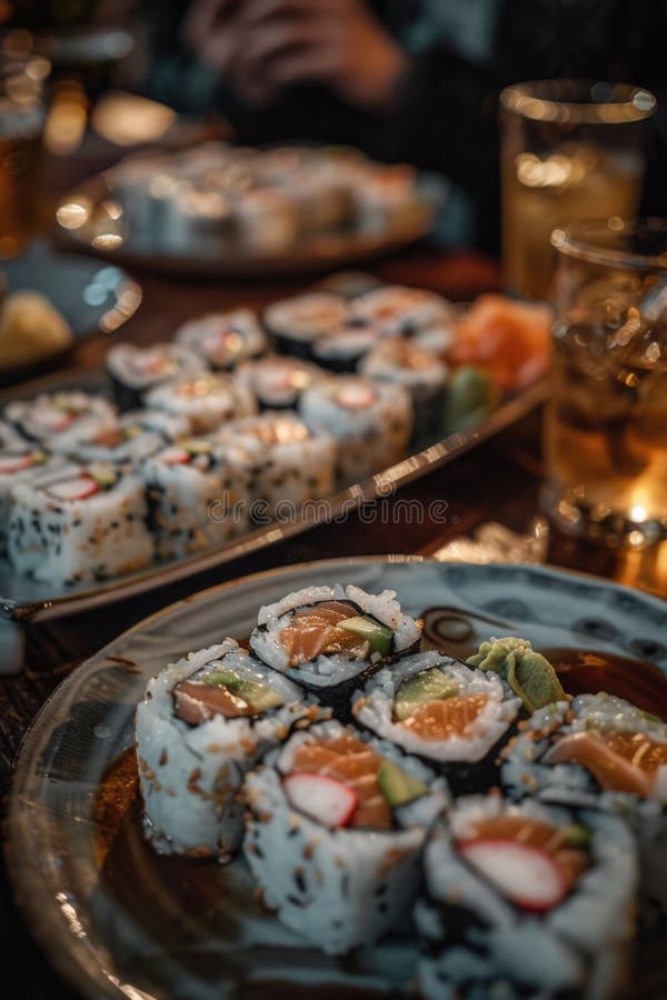 Two Plates of Sushi Sitting on a Table Stock Photo - Image of cuisine ...