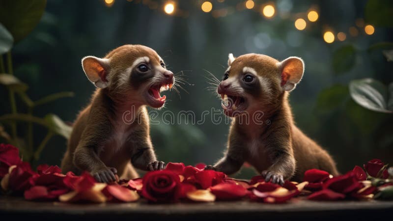 Two Playful Baby Animals Surrounded by Rose Petals and Soft Lighting ...