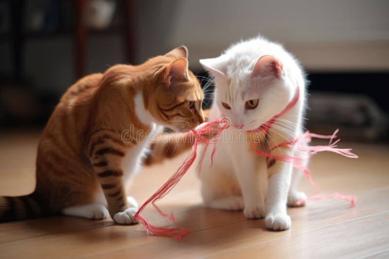 Two Playful Cats Playing with Ribbon, Wrapping it Around Each Other ...