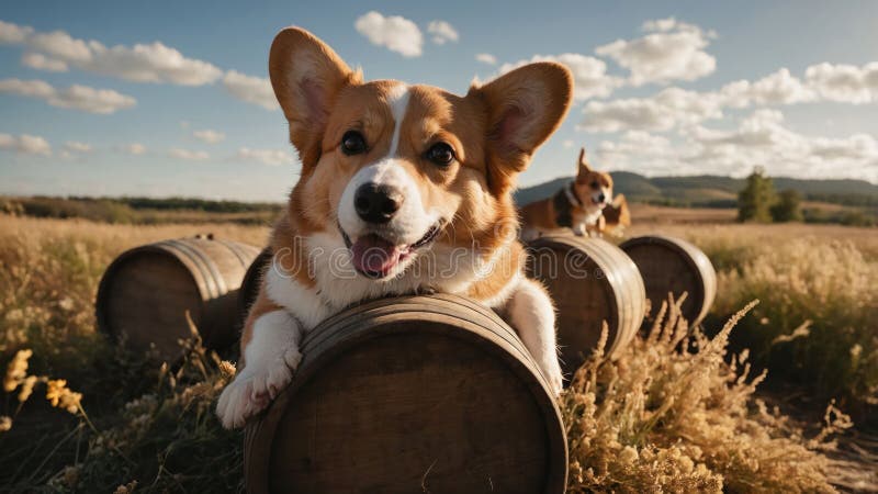 Happy Welsh Corgi on Wooden Barrels in Wheat Field at Sunset Stock ...