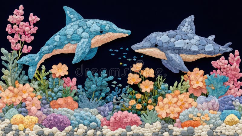 Two Playful Dolphins in a Vibrant Coral Reef Scene Stock Photo - Image ...