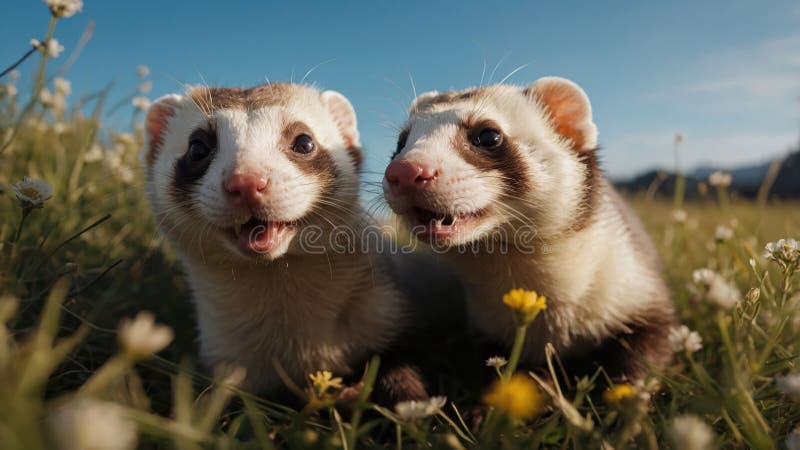 Two Adorable Ferrets Playing in a Sunny Meadow Stock Illustration ...