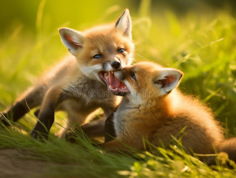 Two Playful Fox Cubs Interacting in Lush Green Grass during Golden Hour ...