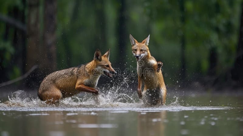 Two Playful Foxes in the Wild and Getting Wet at the River Stock ...