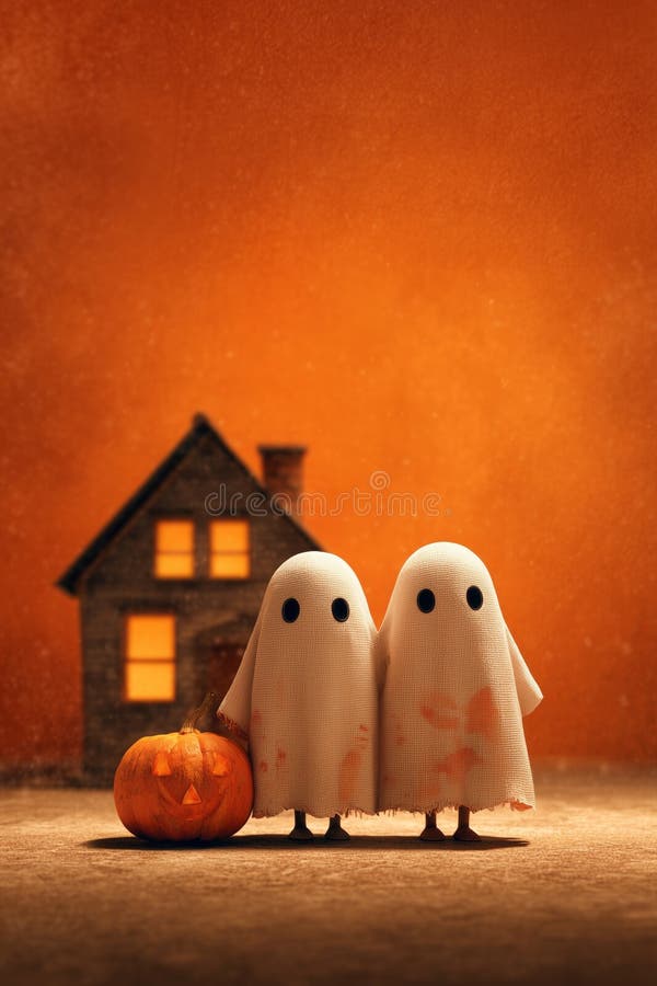 Two Playful Ghost Figures in a Spooky Halloween Setting with a Carved ...
