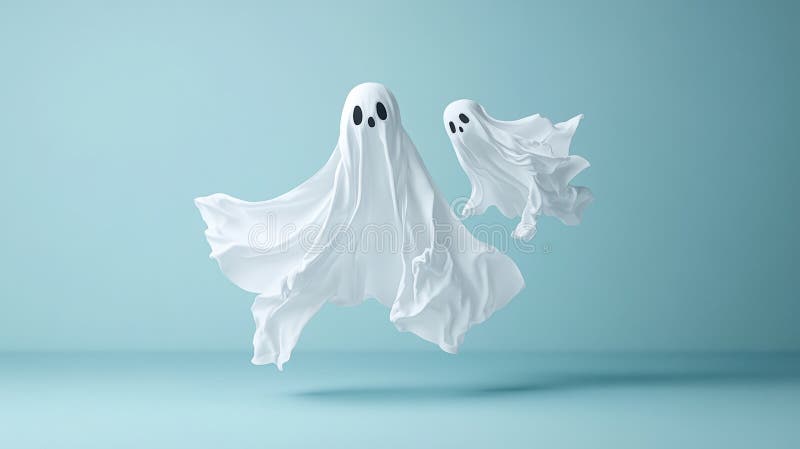 Two Playful Ghosts Floating Against a Light Blue Background Stock ...