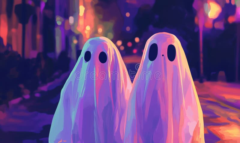 Two Playful Ghosts in Vibrant Colors Walking Down a Nighttime Street ...